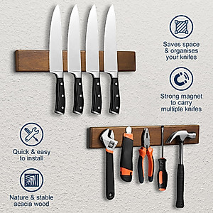 ENOKING Knife Magnetic Strip, Magnetic Knife Holder for Wall 16 Inch, Powerful Magnetic Knife Strip Acacia Wood Magnetic Knife Holder for Refrigerator, Wall Mount Magnet Knife Bar with 4 Hooks
