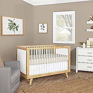Dream On Me Carter 5-in-1 Full Size Convertible Crib / 3 Mattress Height Settings/JPMA Certified/Made of New Zealand Pinewood/Sturdy Crib Design, Natural & White