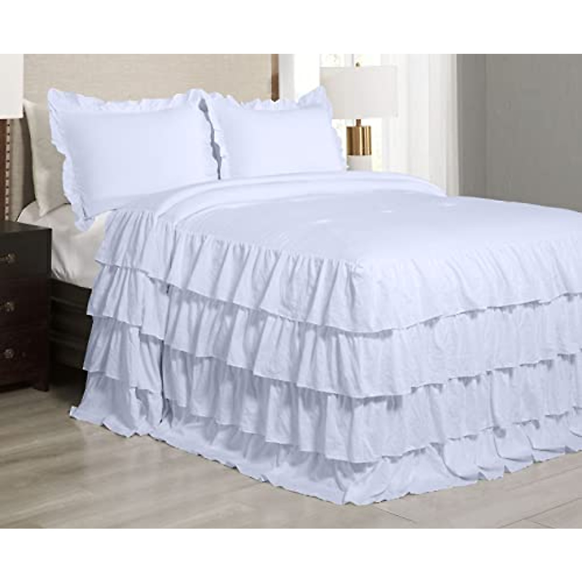 Chezmoi Collection Celia 3-Piece Waterfall Ruffle Skirt Bedspread Set - French Country Chic Farmhouse - California King, White