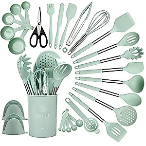 QMVESS Silicone Kitchen Utensil Set, 28 Pcs Non-Stick Cooking Utensils Set with Holder, Tongs, Spatula, Whisk, Measuring Cups and Spoons Set with Stainless Steel Handle Kitchen Gadgets (Light Green)
