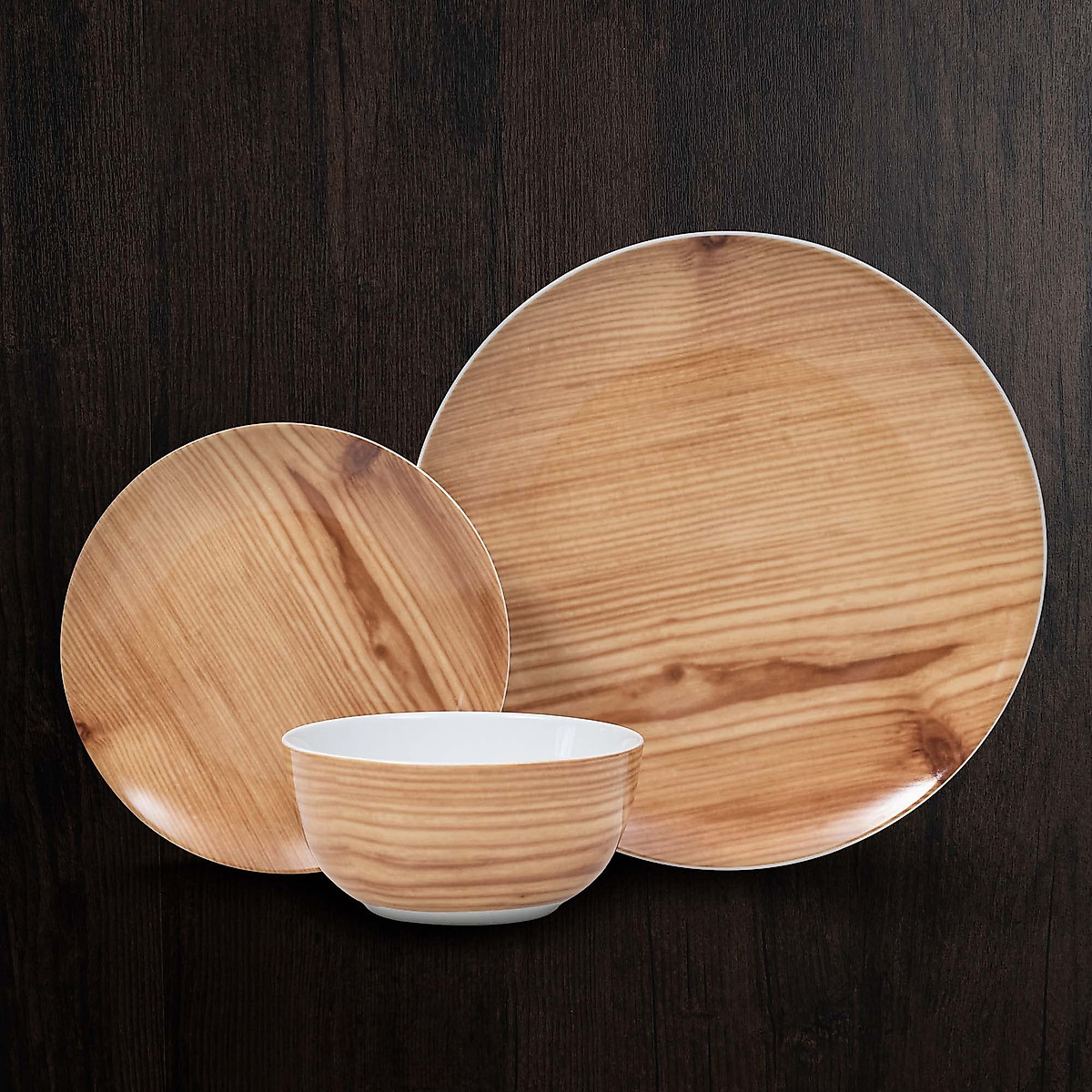 Wooden Pattern Porcelain Dinnerware Sets for 6, Ceramic Plates and Bowls, HF hoften Kitchen Dinnerware Set, 18pc Porcelain Dinnerware Set, Dishwasher, Microwave Safe
