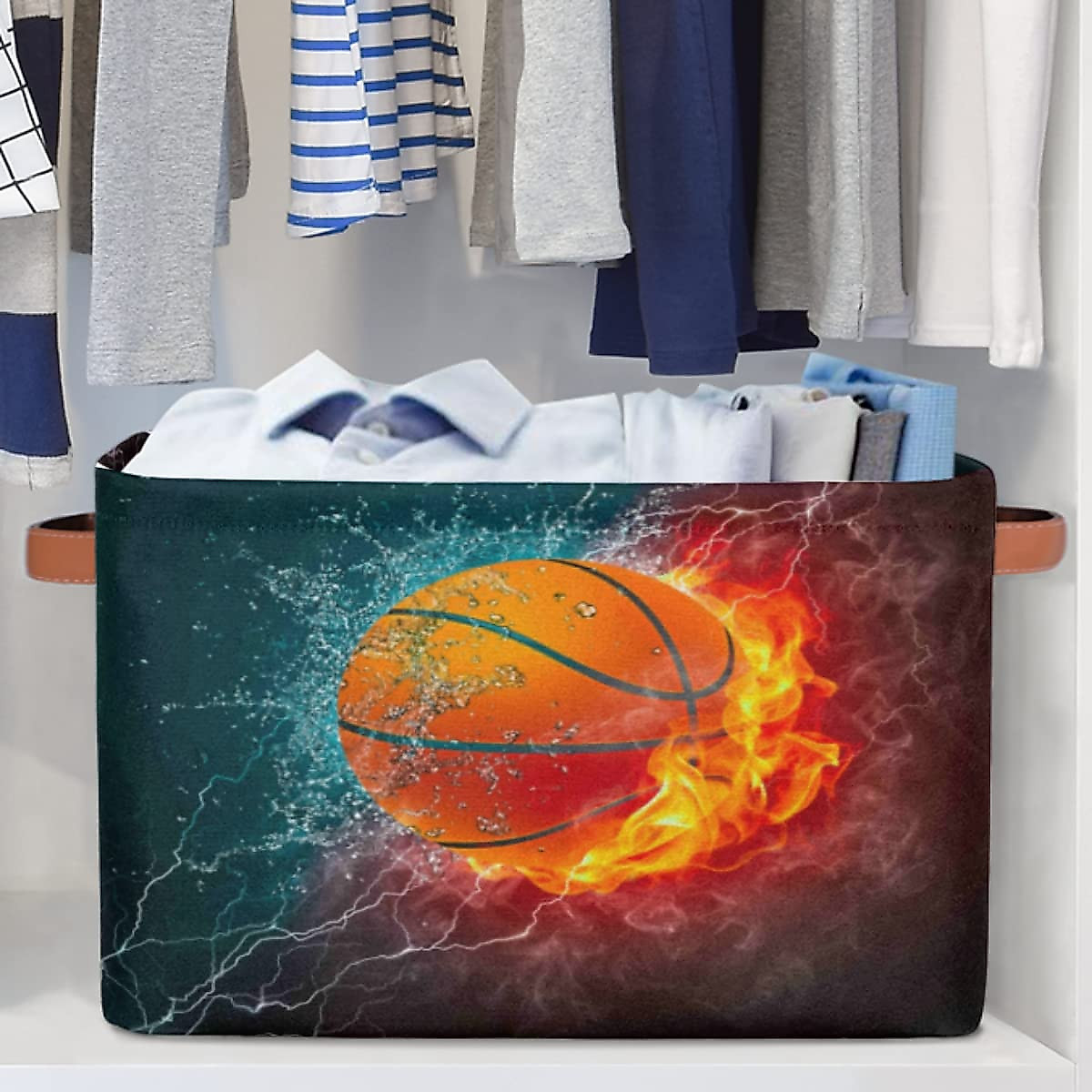 Firey Basketball Storage Basket Cube Sport Ball Large Toys Storage Box Bin with Handle Collapsible Closet Shelf Cloth Organizer for Nursery Bedroom,15x11x9.5 in,1 Pack