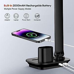 Desk Lamp Desk Light Desk Lamps for Home Office, LED Desk Lamp with USB Charging Port, Touch Control Small Desk Lamp with Pen/ Phone Holder, 3 Color Modes Foldable Study Reading Lamp with 10 Min Timer