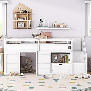 Lakifun Twin Size Low loft Bed,Loft Bed with Storage,Modern Farmhouse Twin loft Bed for Kids,Wood Twin Low Loft Bed with Game House and Drawers, Bookshelf Staircase,White