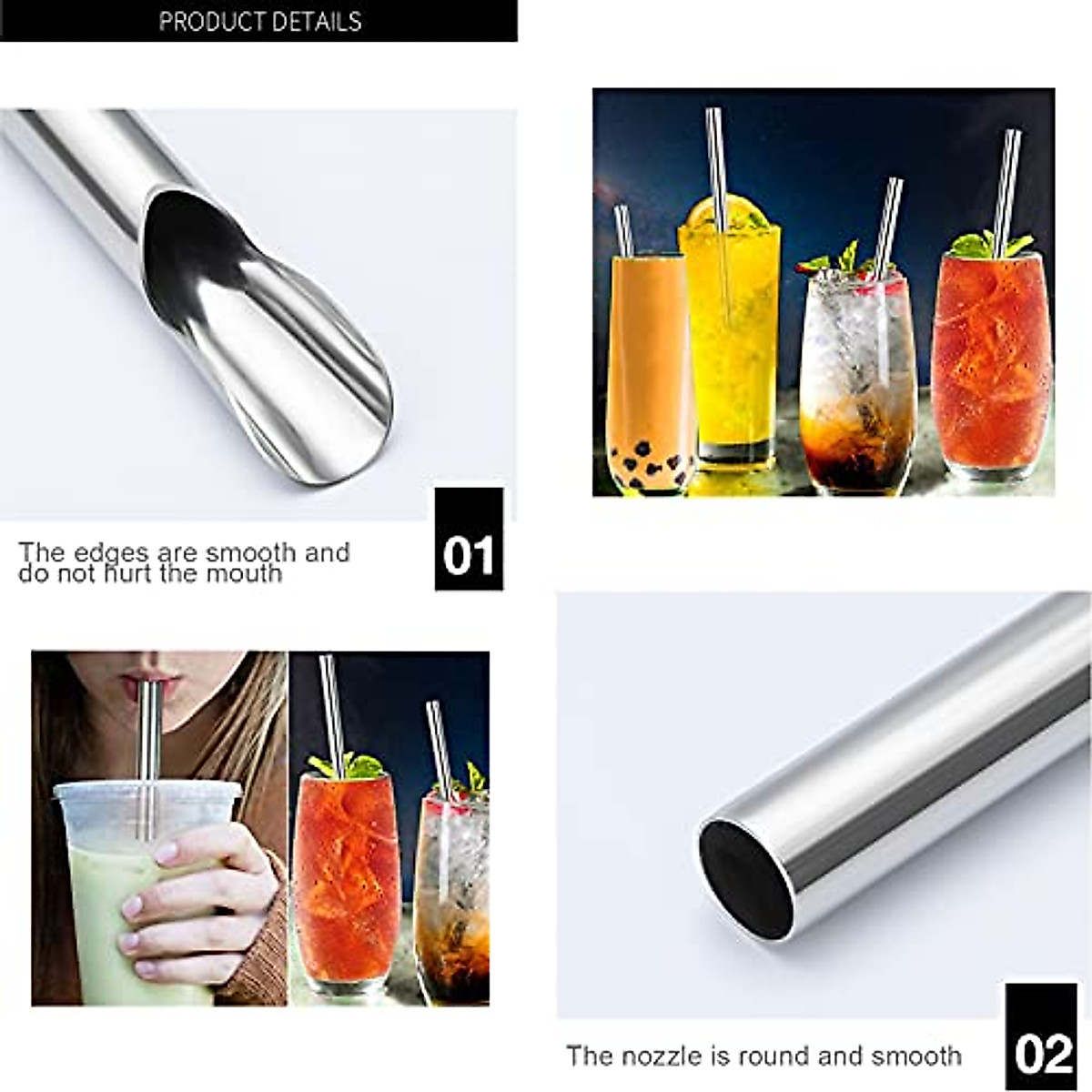 Agoniii 8PC stainless steel Eco Friendly Drinking Straws,reusable Smoothie straws metal Spoon for boba straw, drinking Coffee with 2 Cleaning Brushes,Long Drink Straws, 8.4*5.9*4.7 inches