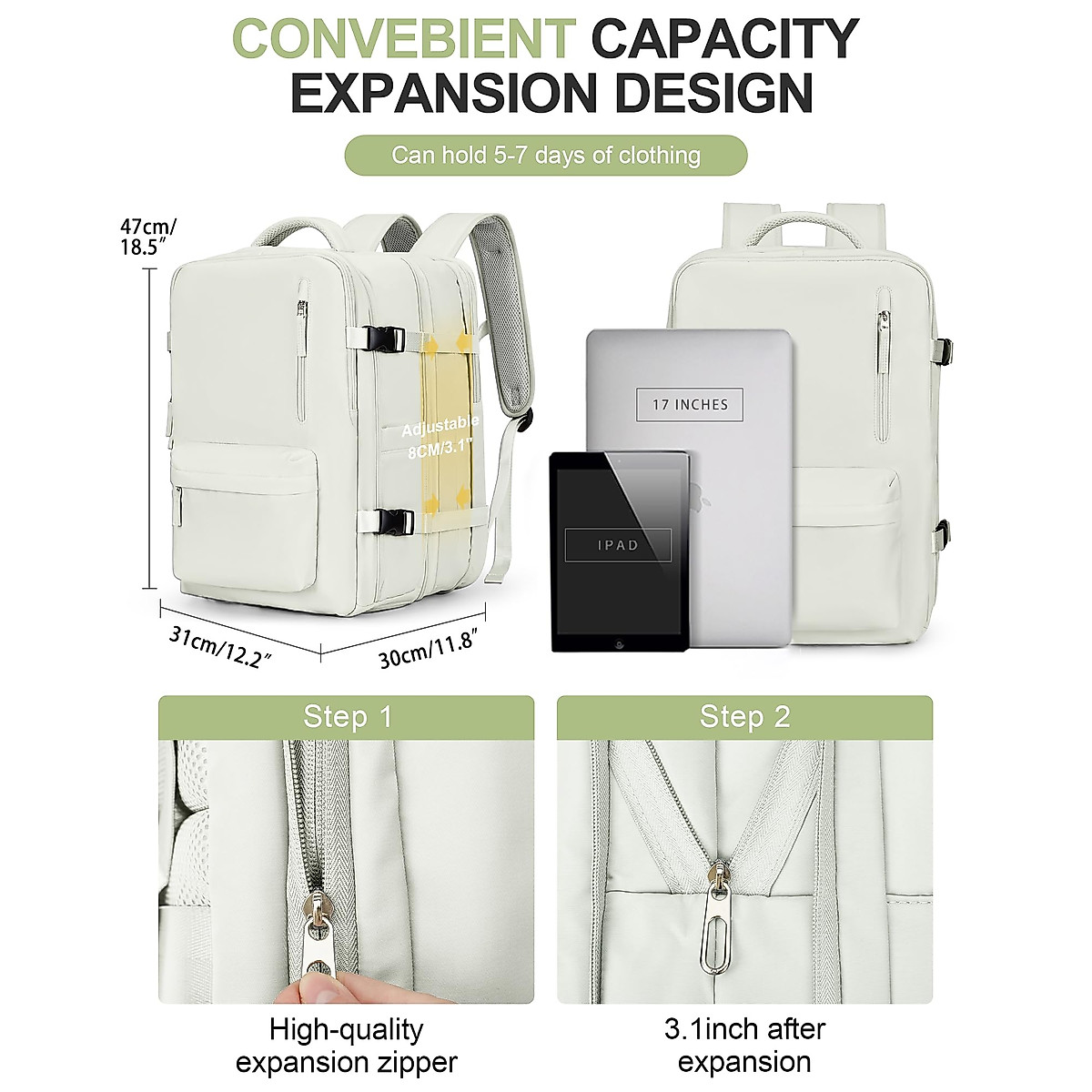 Large Travel Laptop Backpack, Expandable Flight Approved Backpack, Carry on Backpack for Women, Waterproof 17inch Laptop Hiking Backpack with Shoe Compartment, Moon White