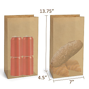 SHOPDAY 12lb Paper Lunch Bags 100 Pack 7x4.5x13.75" Kraft Brown Paper Bags Grocery Bags Bulk, Bread Bags Sack Lunch Bags Snack Bags