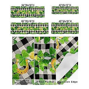 Curtain Valance for Windows St. Patrick's Day Clover Leaf Horseshoe Gold Kitchen Valances Rod Pocket Short Curtains,Black White Plaid Window Treatment Panel for Living Room Bathroom Bedroom 42x12in