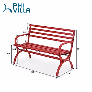 PHI VILLA Outdoor Garden Bench, 48” Long Metal Steel Bench with Backrest and Armrests, Modern Slatted Design for Patio, Lawn, Balcony, Yard, Porch and Indoor - Red
