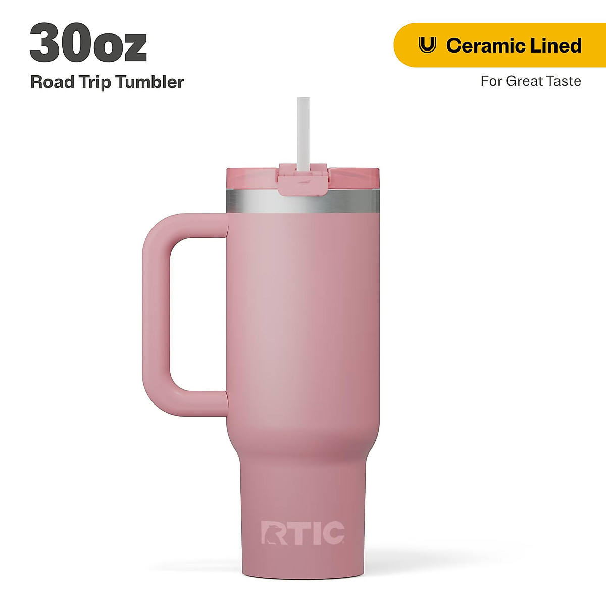 RTIC 30 oz Road Trip Tumbler Double-Walled Insulated Stainless Steel Portable Travel Coffee Mug Cup with Lid, Handle and Straw, Ceramic-Lined, Dusty Rose