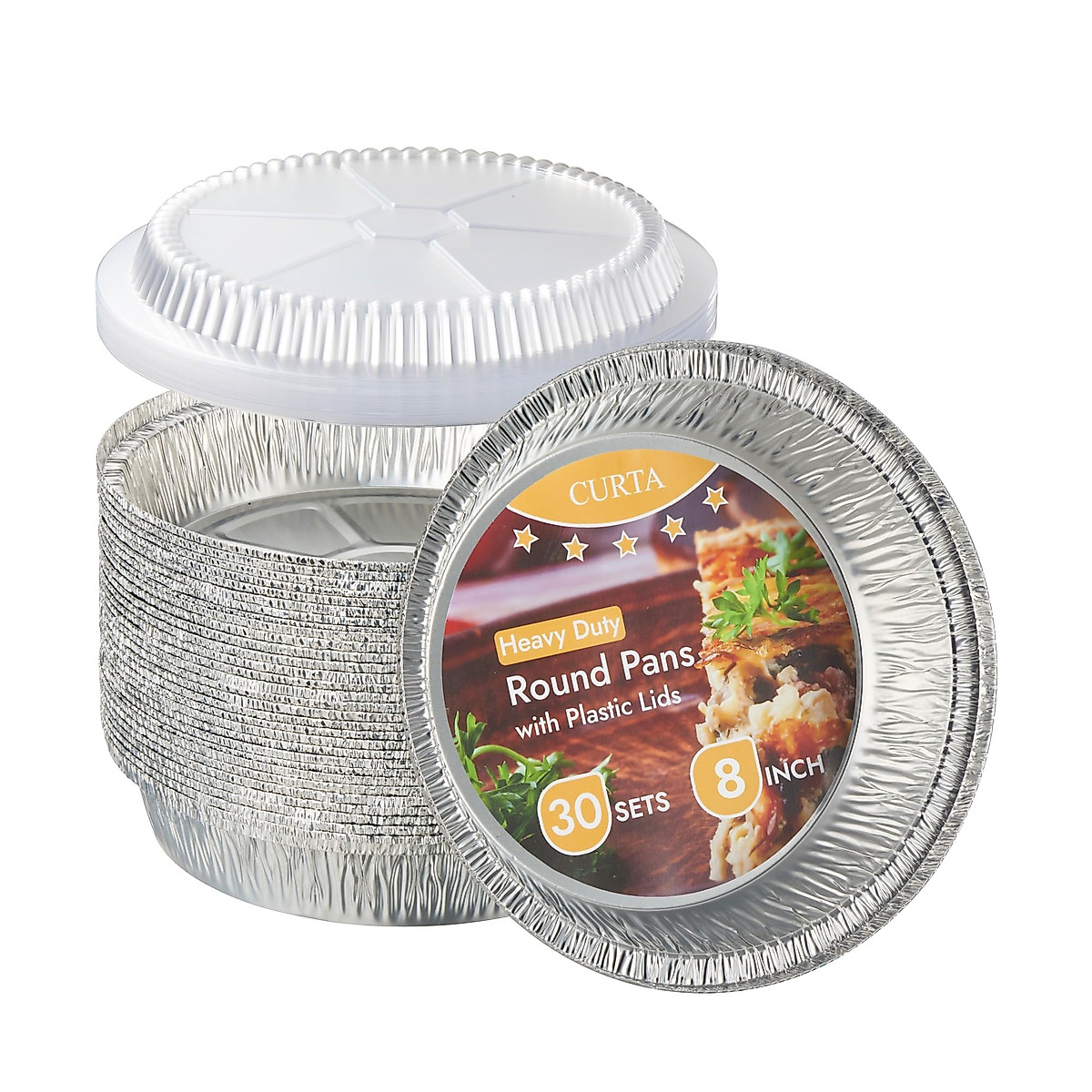 CURTA 8" Round Aluminum Foil Pans with Clear Lids | Heavy Duty | Great for Broiling, Baking, Storage, Roasting, Takeout, Air Fryer | 30 Pack