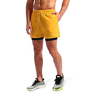 Pudolla Men’s 2 in 1 Running Shorts 5" Quick Dry Gym Athletic Workout Shorts for Men with Phone Pockets(Flame Orange Large)