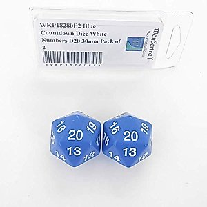 Blue Countdown Dice with White Numbers D20 30mm (1.18in) Pack of 2 Wondertrail