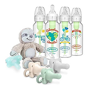 Dr. Brown’s Natural Flow® Anti-Colic Options+™ Narrow Baby Bottles 8 oz/250 mL, Dream Adventure 4 Pack, with HappyPaci Pacifiers and Lovey Holder, Sloth