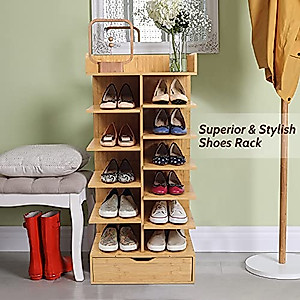 TQVAI 6 Tier Shoe Rack, Wood Shoe Organizer with Drawer, Tall Shoe Storage Rack for Entryway, Bamboo Color