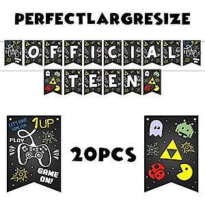 Official Teen Banner Video Games 13th Birthday Theme Gamepad Party Decor Picks for 13 Years Old Decorations Supplies