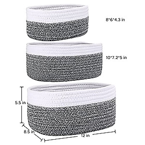 LA JOLIE MUSE Rope Storage Baskets for Organizing, Multipurpose Collapse Storage Basket Set of 3, Medium Cotton Basket Bins for Shelves Nursery Baby Toys, White & Gray