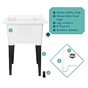 White Utility Sink by JS Jackson Supplies, Tehila Luxe Laundry Tub with Black Metal Legs and P-Trap Kit