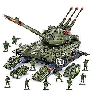 UNIH Tank Toy Sets, Military Transport Tank and 4PCS Army Vehicles, Tank & Vehicle Playset with 4 Sound and Launcher Birthday Gift for Kids Boys 3 4 5 6 7 Years Old ( Army Men Soldiers Included)
