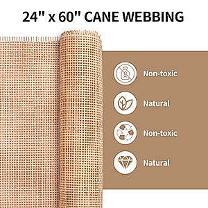 24" Width Natural Square Cane Webbing 5Feet, Rattan Webbing Roll for Caning Projects, Woven Open Mesh Cane for Furniture, Chair, Cabinet, Ceiling, Bed
