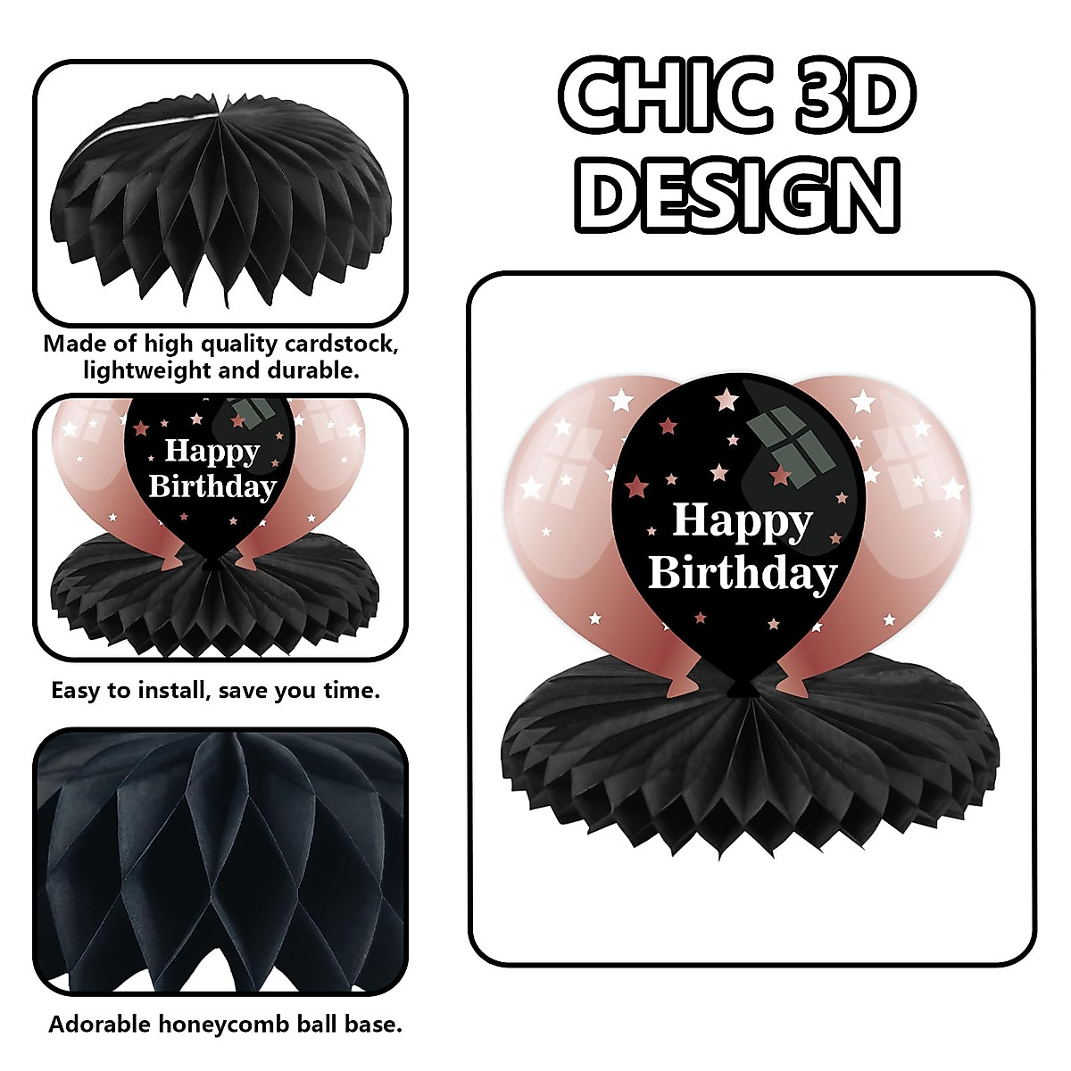 Happy 50th Birthday Rose Gold and Black Table Honeycomb Centerpieces Balloons Theme Decor Table Decorations Table Toppers for Girls Women Princess 50 Years Old Birthday Party Bday Supplies Background
