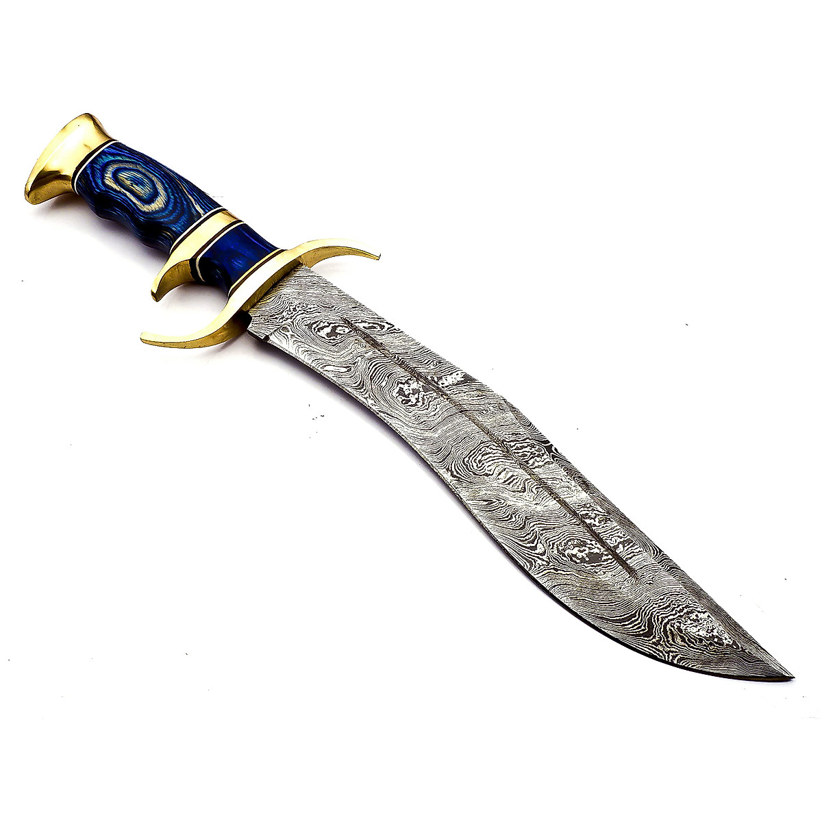 Skokie Knives Damascus Steel Kukari Knife With Blue Pakka Wood h & Brass Guard –15” Handmade Premium Quality Sharp Edge Fix Blade -Genuine Multipurpose Knife Ideal for Hunting, Camping (Kukri Blue)