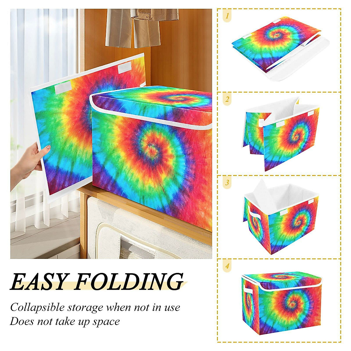 Gredecor Storage Basket Bins with Lid Spiral Tie Dye Rainbow Storage Boxes Organizer with Handle 16.5"x12.6"x11.8" Large Collapsible Storage Cube for Toys Bedroom Nursery Home