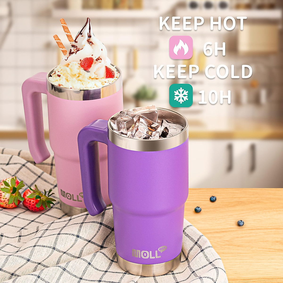 Mollcity Insulated Tumbler with Handle 16 oz Stainless Steel Double Wall Vacuum Tumbler Travel Water Cup with Lid and Straw, BPA Free (Purple)