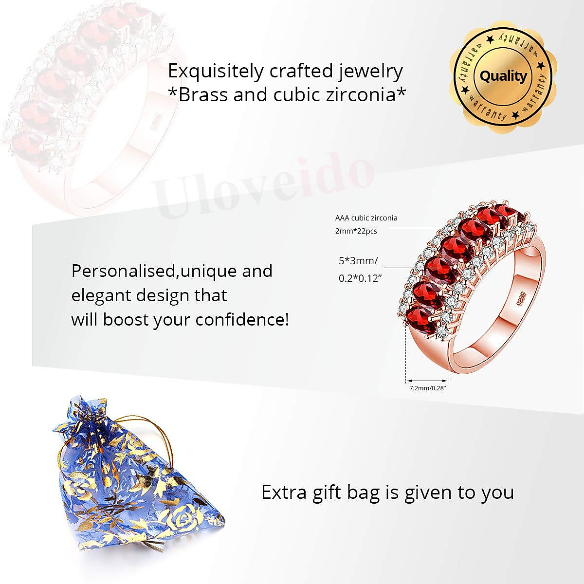 Uloveido Women's Rose Gold Plated Oval Cut Red Cubic Zirconia 7 Stone Wedding Band,Simulated Garnet Birthstone Ring J501 (Red, Size 7)
