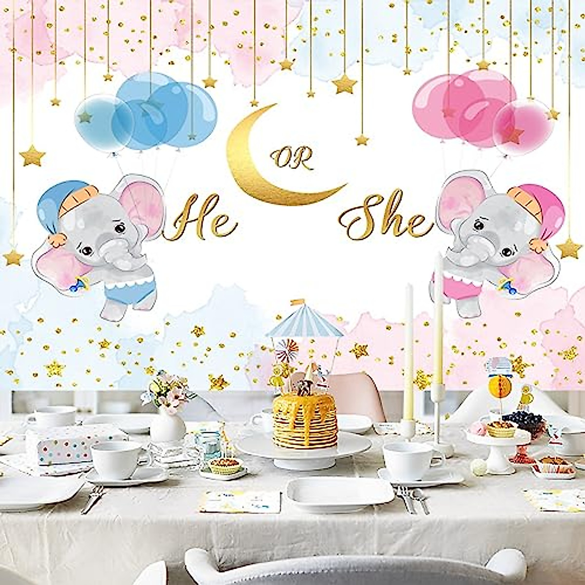 Yongfoto 6x4ft Elephant Gender Reveal Baby Shower Party Backdrop He or She What Will Baby Be Blue and Pink Balloons Gold Confetti Photography Backdrop Newborn Party Decorations Banner Studio Props
