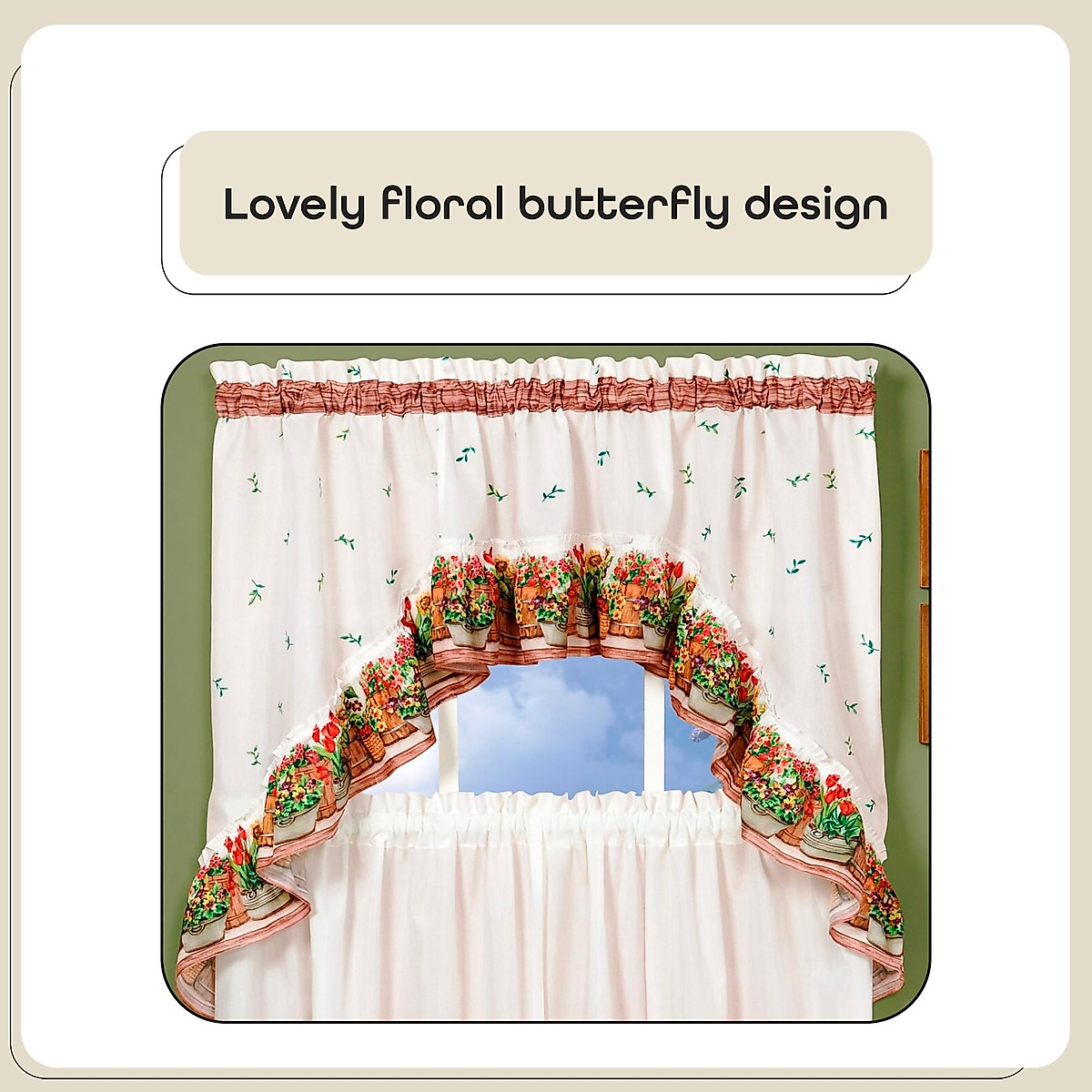 Light Filtering Printed Tier & Swag Window Curtain Set - 36 Inch Length, 57 Inch Width - Country Garden - Machine Washable Polyester Drape for Kitchen, Living, & Dining Room by Achim Home Decor