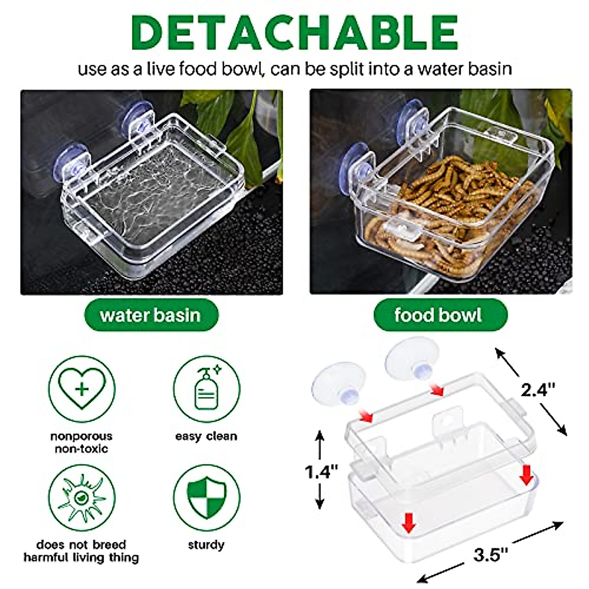 2 Pack Reptile Water Food Dish 1 Feeding Tongs,Tank Accessories for Lizard Bearded Dragon Leopard,Crested Gecko Chameleon Tortoise Frog Hermit Crab Iguana,Superworm Dubia Mealworm Escape Proof Bowl