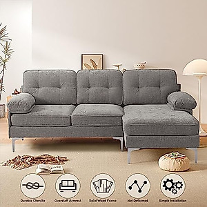 Abakan 79” Modern Sectional Sofas Couches for Living Room, Chenille L Shaped Couches with Chaise for Small Spaces, Sofa with Solid Wood Frame, Attached Armrest, Easy to Install(Light Grey)