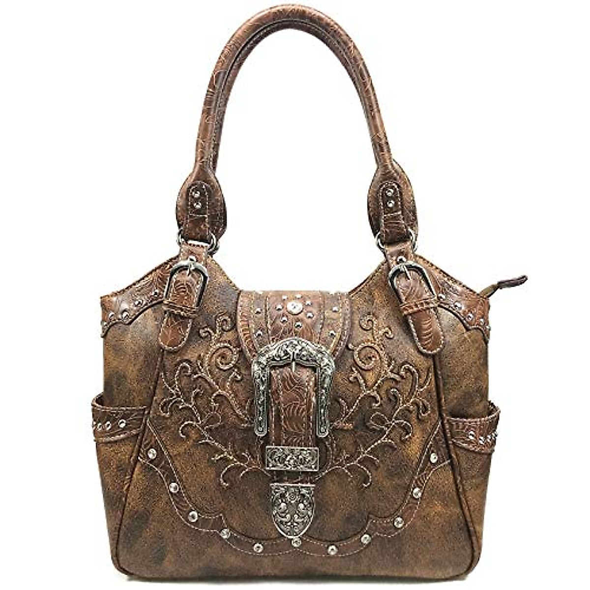 Zelris American Albino Western Floral Buckle Conceal Carry Women Tote Purse Handbag (Brown)