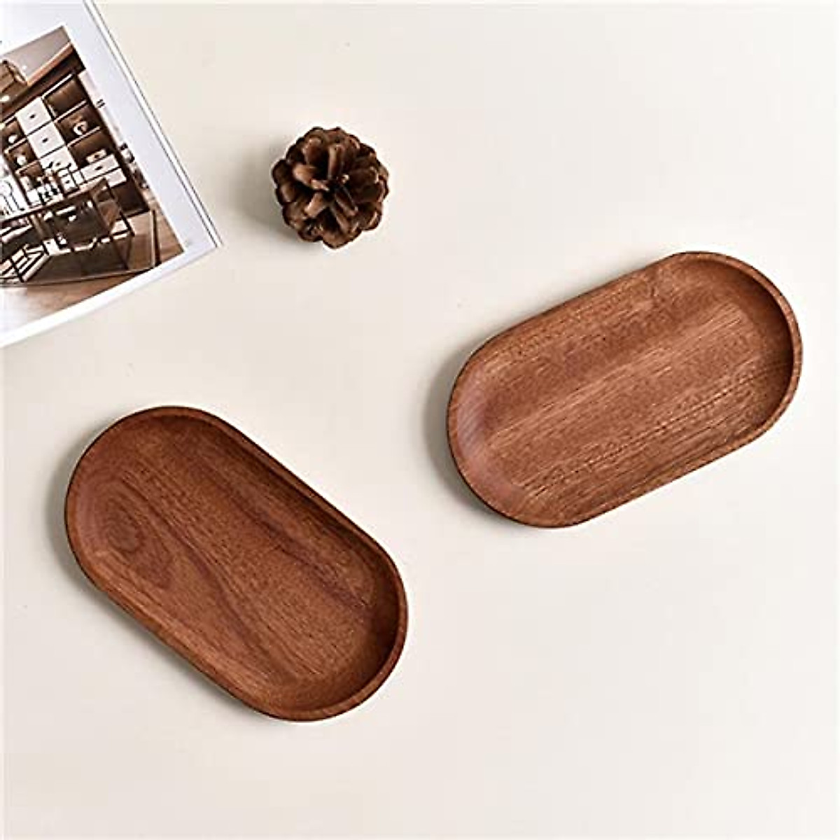 Mini Serving Tray for Jewellery Key Coin Set of 2, Oval Ebony Wood Natural Dessert Cup Tray, Small Wooden Cheese Plate, Tableware Decorative Tray (2)