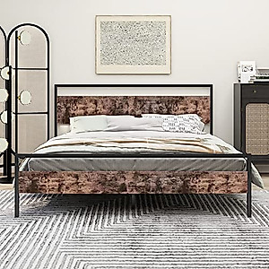 alazyhome Modern Industrial King Size Bed Frame Metal Platform with Rustic Wooden Headboard and Footboard, No Box Spring Needed, Noise Free, Easy Assembly Black