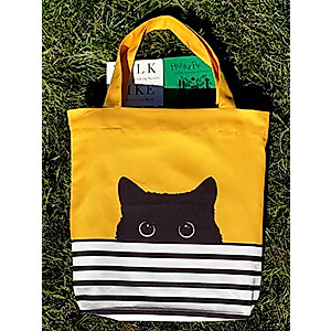 Cute Canvas Tote Bag for Women with Cat Design - Birthday Valentines Day Gift - Aesthetic Book Tote for Teacher School Kids - Hello Kitty Tote Bag - Large Reusable for Shopping Grocery (Yellow Cat)
