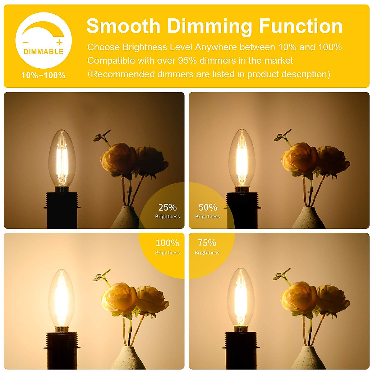 12-Pack Dimmable E12 LED Candelabra Bulbs 60W Equivalent, 2700K Soft Warm White, 600 Lumens B11 Candle Base 6W C35 LED Filament Vintage Light Bulbs, Clear Glass for Chandelier Ceiling Fan High CRI 90+