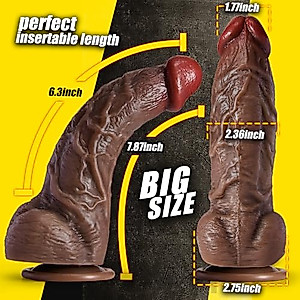 Lubisey 2.36'' Diameter Huge Thick Dildo for G-spot Stimulation Orgasm, Curved Shaft Big Black Dildos with Powerful Suction Cup, Silicone Realistic Dildo Vagina Anal Sex Toys for Women and Men 7.87''