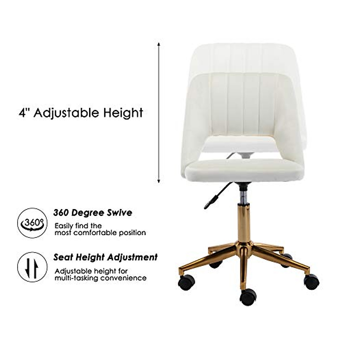 Kmax Velvet Desk Chair Swivel Home Office Task Chair Cute Vanity Chair with Wheels for Girls, Kids, Teens, Living Room, Office, Bedroom, Dressing Room, White