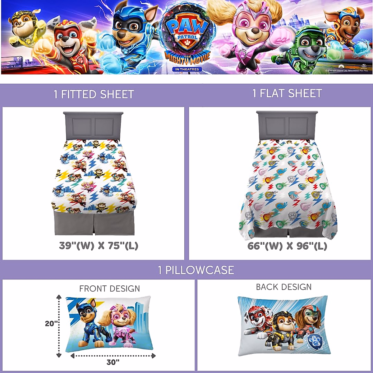 Franco Paw Patrol 2 The Movie Bedding Super Soft Microfiber 3 Piece Twin Size Sheet Set, (Officially Licensed Product)