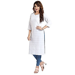 QUEEN SHIELD Women's Chikan-Kari Kurta (White)(2X-Large)(44#White#1010)