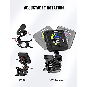 Linrax LT-2 Guitar Tuner Rechargeable Clip On Tuner for Guitar, Bass, Ukulele, Violin, Banjo, Chromatic Tuner with LCD Color Display, Digital Tuner for Stringed Instruments, Guitar Accessories, Black