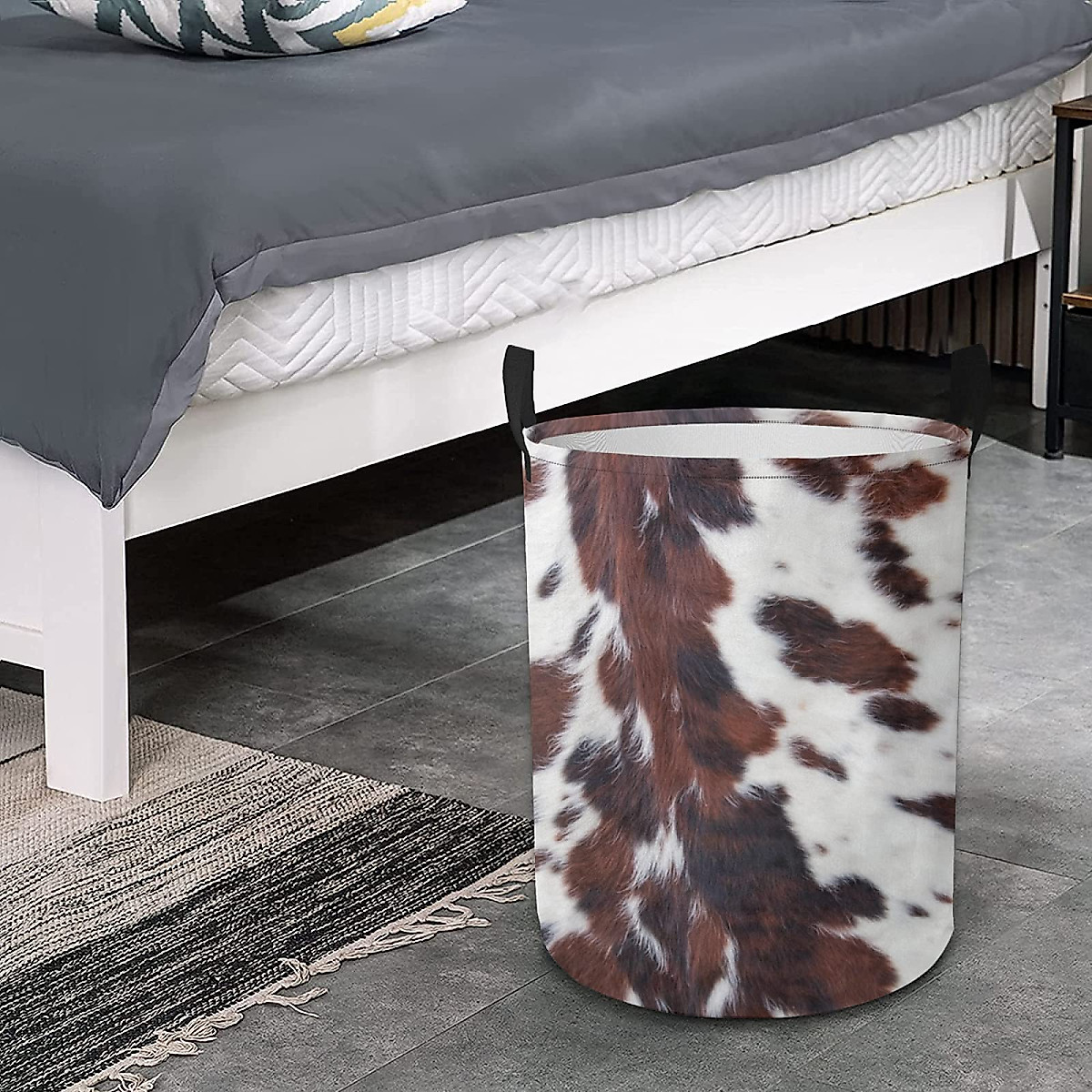 Storage Basket,Longhorn white cowhide with black and brown spots,Collapsible Large Laundry Hamper with Handles for Home Office 17.32"X13.58"