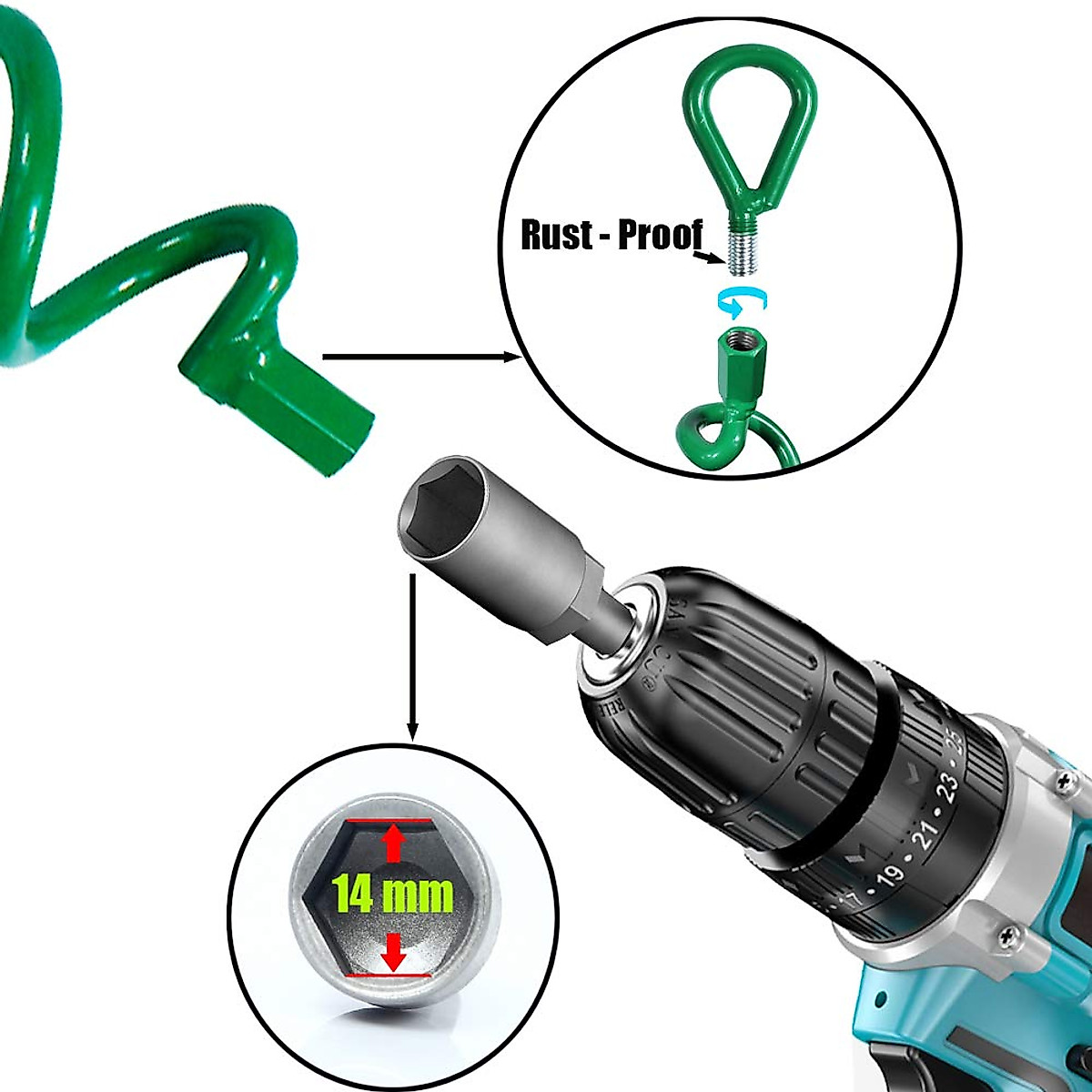 4 Pcs 18 Inch Spiral Ground Anchors Kit Green Metal Ground Stakes Dog Tie Out Stake Spiraling Anchor Trampoline Anchors for Tent, Securing Trampolines,