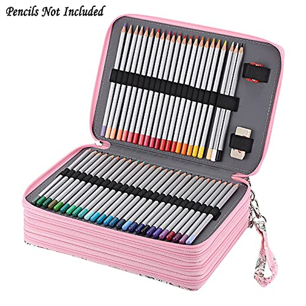 BTSKY Colored Pencil Case- 200 Slots Pencil Holder Pen Bag Large Capacity Pencil Organizer with Handle Strap Handy Colored Pencil Box with Printing Pattern Pink Rose