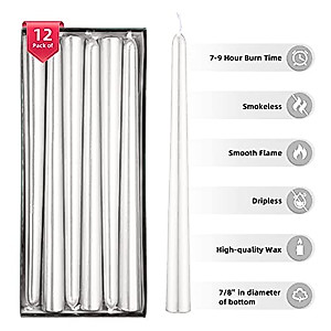 10 Inch Taper Candles, 12 Pack Tall Unscented Dripless Candles with Cotton Wicks Perfect for Dinner, Party, Wedding or Farmhouse Decor, 7-9 Hour Burn Time- 7/8" Base (10 inch/Glossy, White)