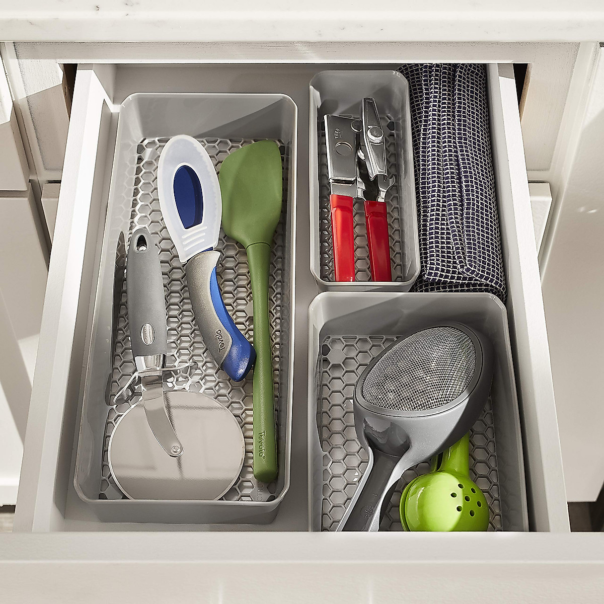 Spectrum Diversified Hexa Set of 3 Assorted Storage Buildup-Resistant Kitchen & Bathroom Drawer Trays, Easy-to-Clean Bathroom & Kitchen Organizers, Stone Gray