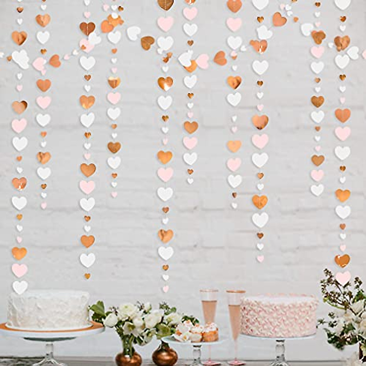52Ft Rose Gold Pink and White Love Heart Garland Hanging Paper Streamer Banner for Anniversary Mother's Day Valentines Day Bachelorette Engagement Wedding Baby Bridal Shower Birthday Party Decorations