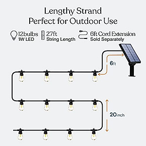 Brightech Ambience Pro Solar Powered Outdoor String Lights, Commercial Grade Waterproof Patio Lights, 27 Ft Edison Bulbs, Shatterproof LED Solar String Lights for Outdoors - 1W LED, Soft White Light